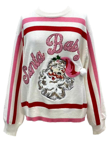 QUEEN OF SPARKLES Sequin SANTA BABY Fuzzy Applique Sweater – Silver Accents