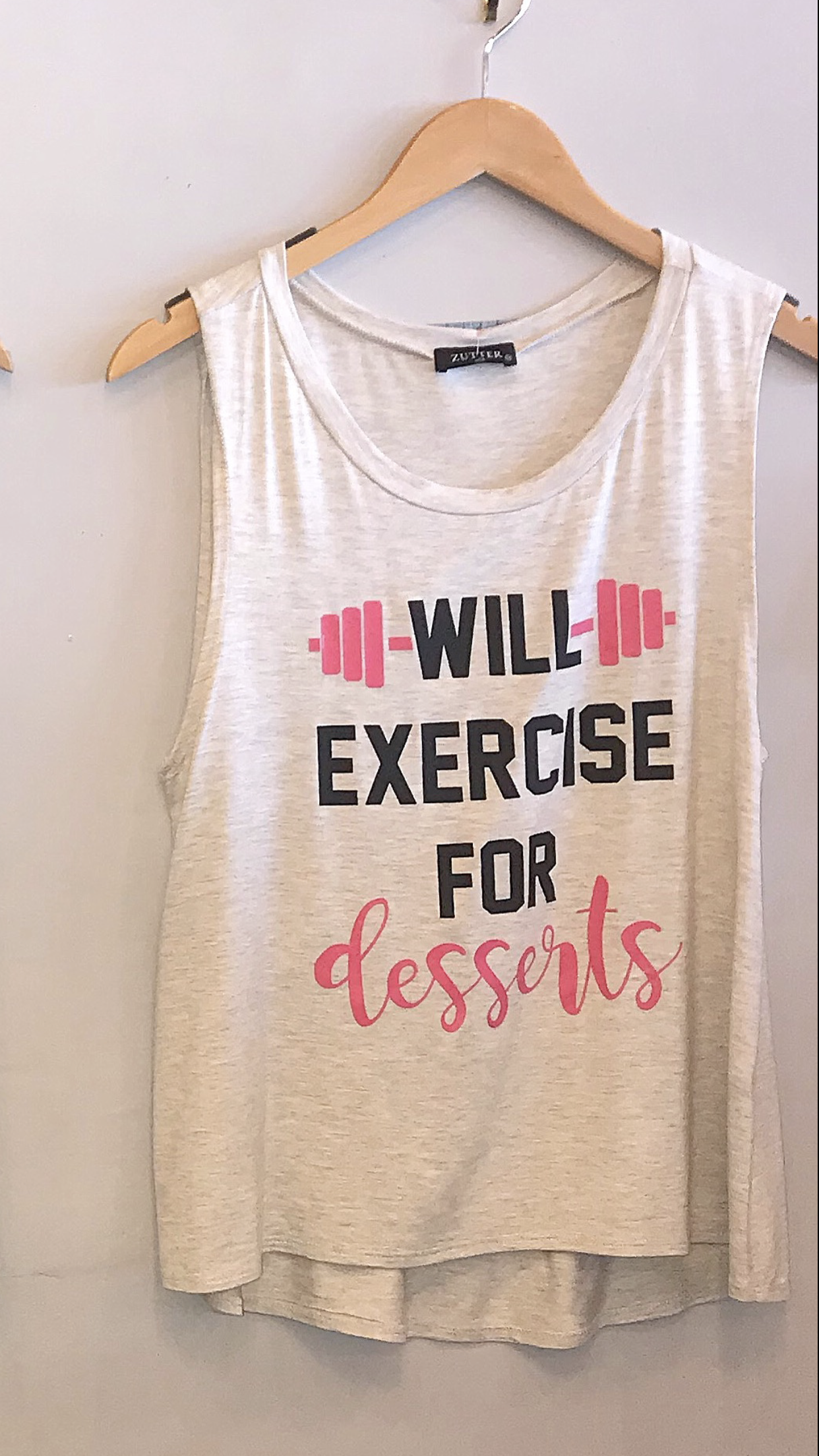 Zutter WILL EXERCISE FOR DESSERTS Oatmeal Tank Top – Silver Accents