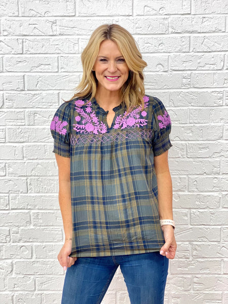 IVY JANE Floral Embroidered CAMILLA SmockSleeve Woven Top – Silver Accents