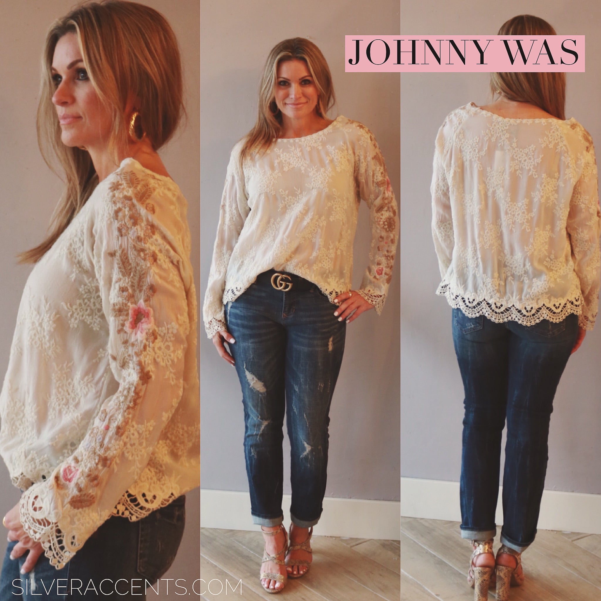JOHNNY WAS COLLECTION Tonal Embroidered PAULINA Floral Sleeve LaceTrim ...